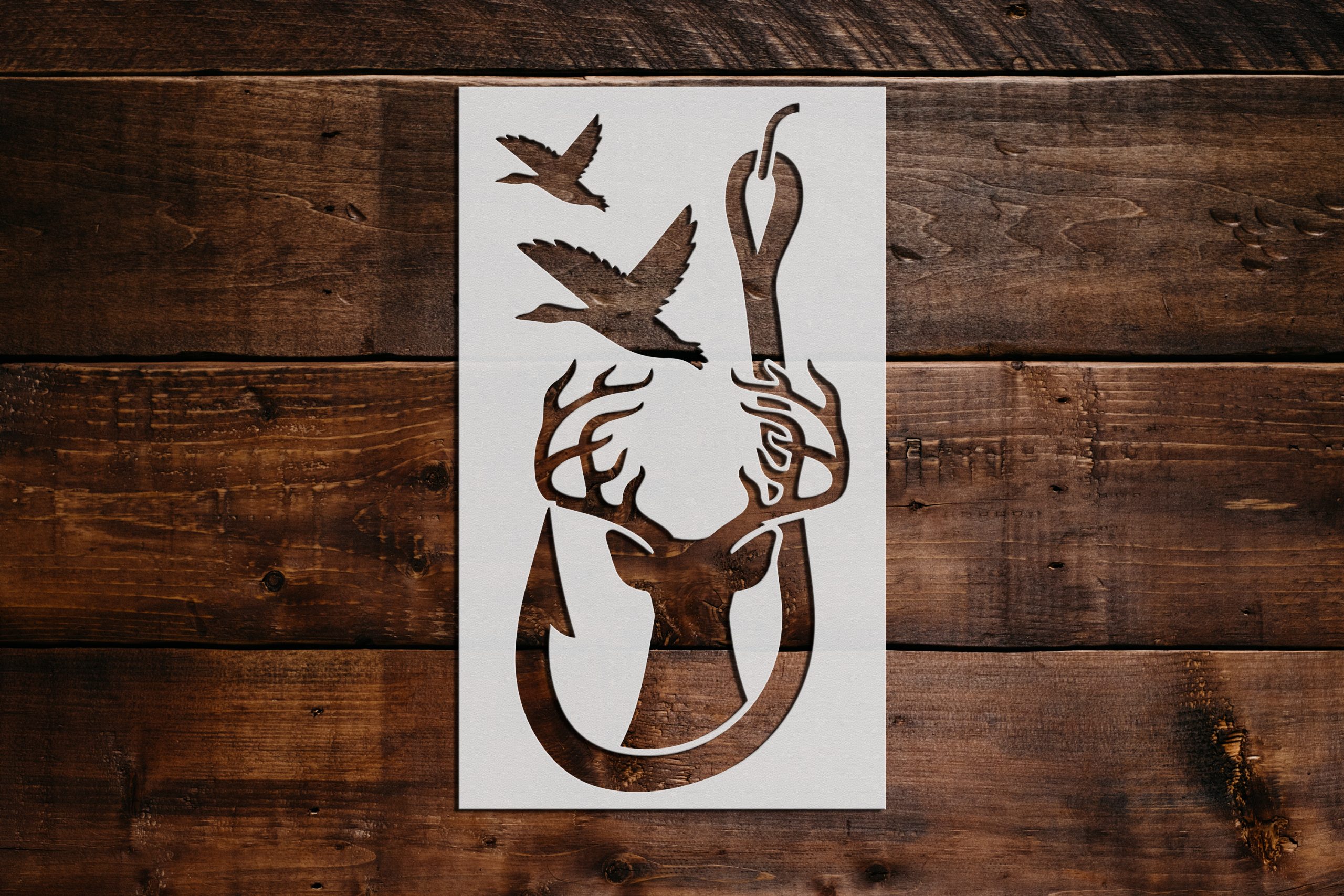 Fish Hook, Deer, and Birds Stencil - Art and Wall Stencil - Stencil Giant
